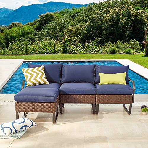 Romayard Outdoor Wicker Ottoman Patio Footstool Rattan Furniture Coffee Table All Weather Foot stools Seat with Cushion