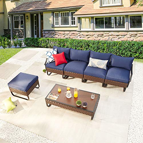 Romayard Outdoor Wicker Ottoman Patio Footstool Rattan Furniture Coffee Table All Weather Foot stools Seat with Cushion