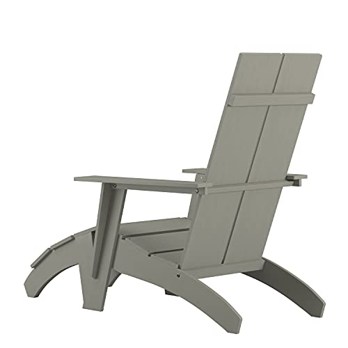 BizChair Set of 2 Modern All-Weather Poly Resin Wood Adirondack Chairs with Foot RestsĀ in Gray