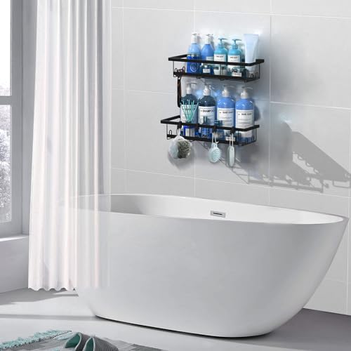 Mycuppca Shower Caddy, 2 Pack Adhesive Bathroom Shower Organizer, Black Shower Shelves with Hooks Stainless Shower Rack for Inside Shower No Drilling Wall Mounted Shower Storage Shower Shampoo Holder