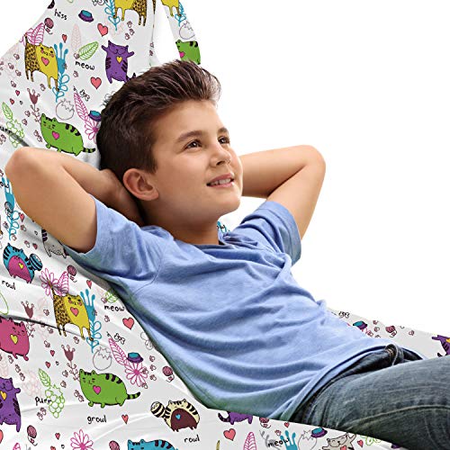 Lunarable Cat Lounger Chair Bag, Trippy Kittens with Unusual Forms with Flower Heart Art Design, High Capacity Storage with Handle Container, Lounger Size, Multicolor