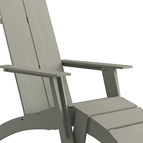 BizChair Set of 2 Modern All-Weather Poly Resin Wood Adirondack Chairs with Foot RestsĀ in Gray