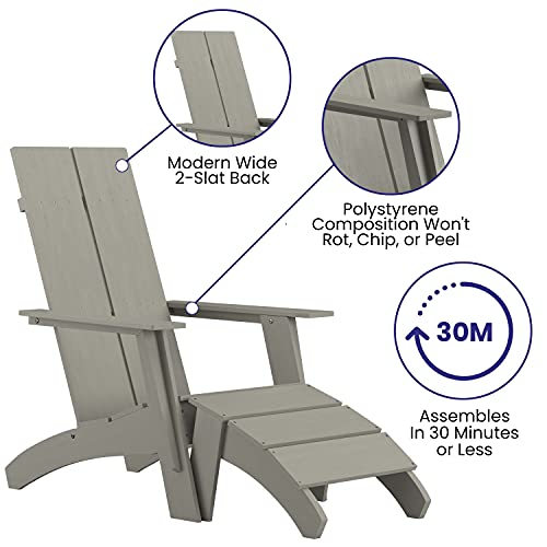 BizChair Set of 2 Modern All-Weather Poly Resin Wood Adirondack Chairs with Foot RestsĀ in Gray
