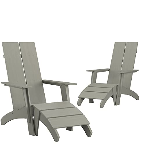 BizChair Set of 2 Modern All-Weather Poly Resin Wood Adirondack Chairs with Foot RestsĀ in Gray