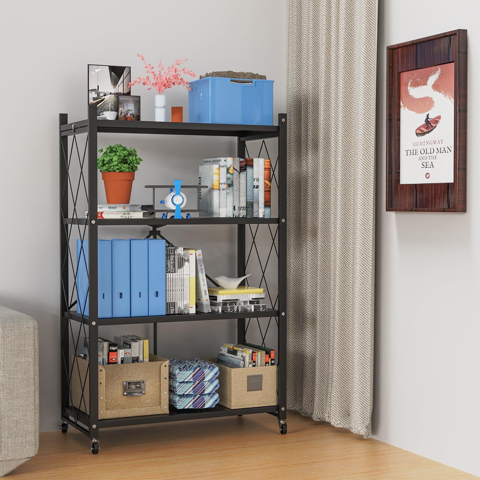 Lifetime Home 4-Tier Foldable Storage Shelf with Wheels - Metal Collapsible Shelving Unit Display, Rolling Cart for Books Kitchen Storage Shelves, Pantry & Closet Organizer, Office Room Decor - Black
