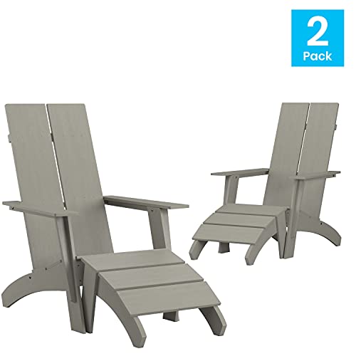 BizChair Set of 2 Modern All-Weather Poly Resin Wood Adirondack Chairs with Foot RestsĀ in Gray