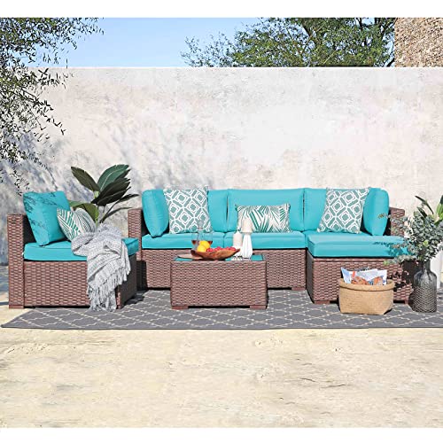 OC Orange-Casual 2 Piece Patio Wicker Armless Chair Outdoor Sofa Couch, Loveseat for Sectional Furniture Sets, Brown Wicker & Turquoise Cushion