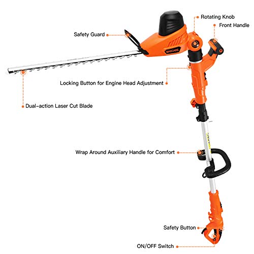 GARCARE 2 in 1 Electric Pole Hedge Trimmer, Power Hedge Trimmer with 20 inch Dual-Action Laser Cut & Adjustable Cutting Head, 4.8Amp, 600W, Corded
