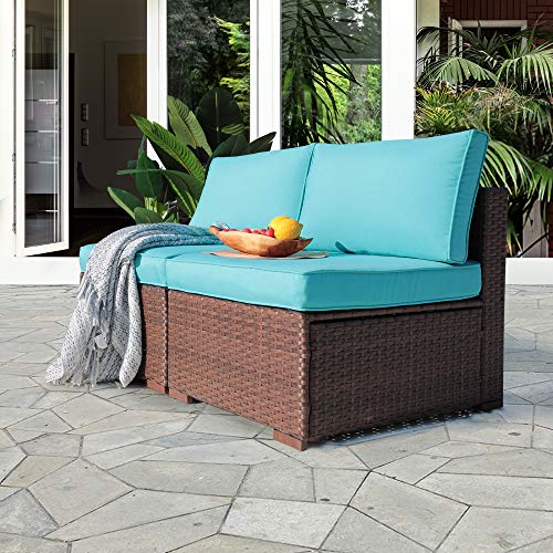 OC Orange-Casual 2 Piece Patio Wicker Armless Chair Outdoor Sofa Couch, Loveseat for Sectional Furniture Sets, Brown Wicker & Turquoise Cushion