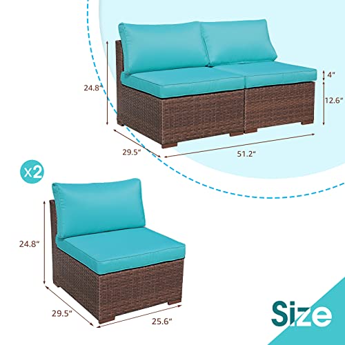 OC Orange-Casual 2 Piece Patio Wicker Armless Chair Outdoor Sofa Couch, Loveseat for Sectional Furniture Sets, Brown Wicker & Turquoise Cushion