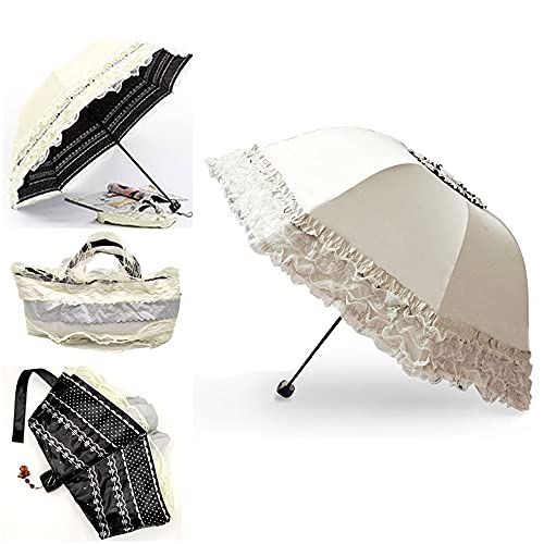 WANLIAN Princess Lace Ultraviolet-Proof Triple Folding Umbrella Dome used for ParasolDecorations Photoshoot Props.(Rice white)