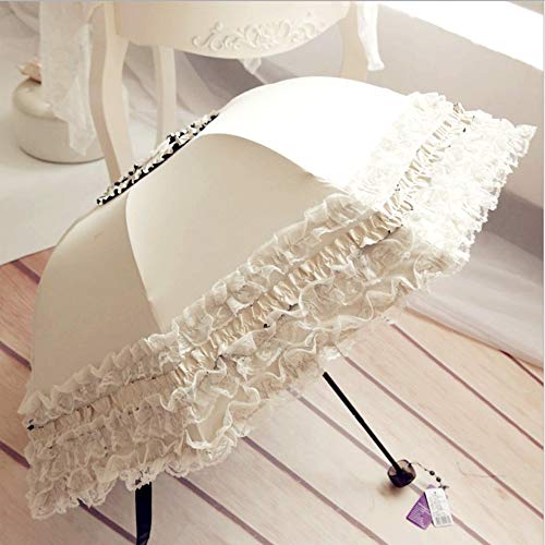 WANLIAN Princess Lace Ultraviolet-Proof Triple Folding Umbrella Dome used for ParasolDecorations Photoshoot Props.(Rice white)