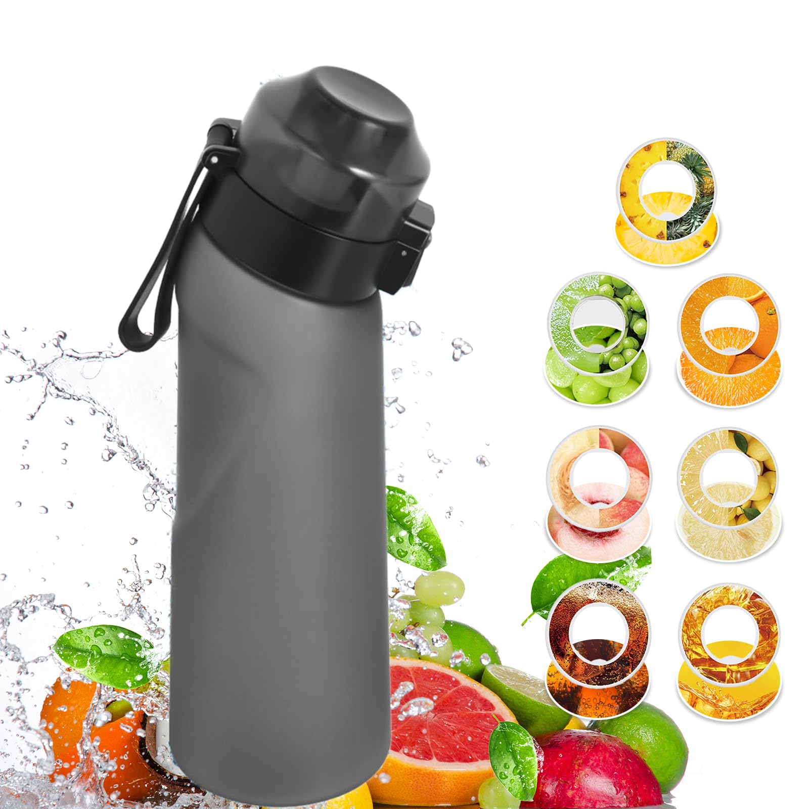 Lyxaof Water Bottle with Flavor Pods 21.9 Oz/650ml Fruit Fragrance Water Bottle Recyclable Sports Air Water Cup Scented Pods for Outdoor (Black 650ML)