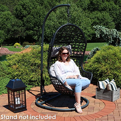 Sunnydaze Cordelia Hanging Egg Chair - Resin Wicker - Outdoor Large Basket Design Patio Lounge Chair - All-Weather Construction - Includes Gray Cushion and Headrest