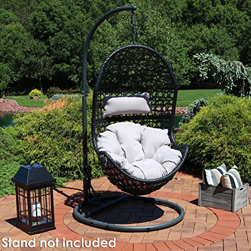 Sunnydaze Cordelia Hanging Egg Chair - Resin Wicker - Outdoor Large Basket Design Patio Lounge Chair - All-Weather Construction - Includes Gray Cushion and Headrest