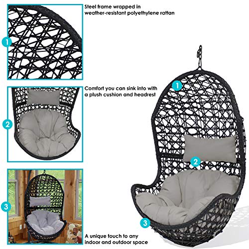 Sunnydaze Cordelia Hanging Egg Chair - Resin Wicker - Outdoor Large Basket Design Patio Lounge Chair - All-Weather Construction - Includes Gray Cushion and Headrest