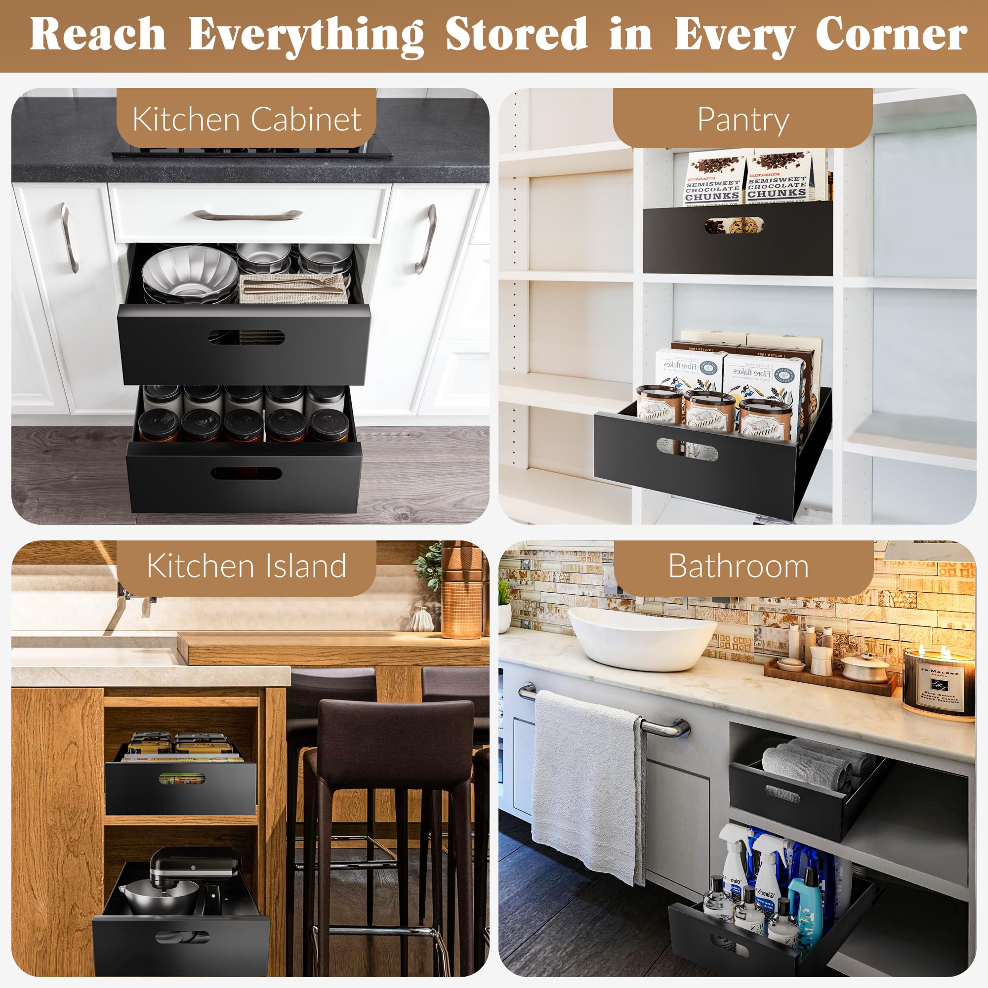 HBL' 1 Pack | 16.9" Deep Pull Out Cabinet Organizer Adhesive, 12-Inch Wide Sturdy Carbon Steel Roll-Out Drawers for Face Frame or Frameless Cabinets, Slide-Out Shelves for Pantry.