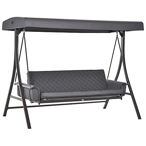 Outsunny 3-Seat Patio Swing Chair, Converting Flatbed, Outdoor Porch Swing Glider with Adjustable Canopy, Removable Cushions, Pillows for Garden, Poolside, Backyard, Gray
