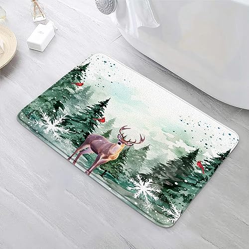 UOZXOML Winter Snowy Forest Bath Mat Pine Tree Deer Snowflake Red Bird Xmas Christmas Holiday Rustic Bathroom Rug Microfiber Memory Foam Non Slip Shower Mat Kitchen Bath Floor Rugs, 16x24 Inch