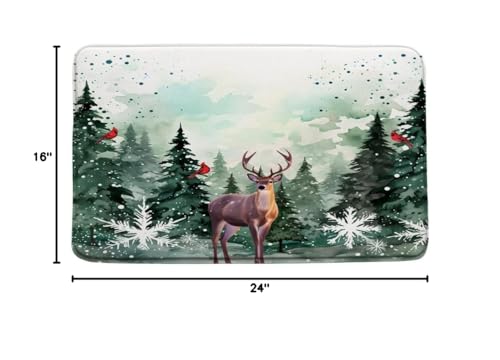 UOZXOML Winter Snowy Forest Bath Mat Pine Tree Deer Snowflake Red Bird Xmas Christmas Holiday Rustic Bathroom Rug Microfiber Memory Foam Non Slip Shower Mat Kitchen Bath Floor Rugs, 16x24 Inch