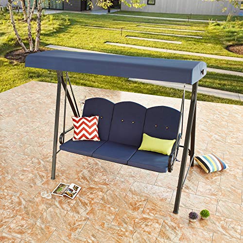 LOKATSE HOME 3-Seats Patio Swing with Adjustable Canopy Weather Resistant Steel Frame Outdoor Porch Converting Deck Furniture, Blue