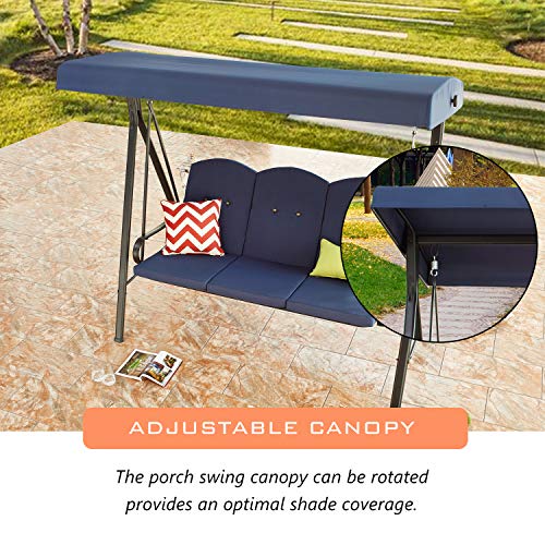 LOKATSE HOME 3-Seats Patio Swing with Adjustable Canopy Weather Resistant Steel Frame Outdoor Porch Converting Deck Furniture, Blue