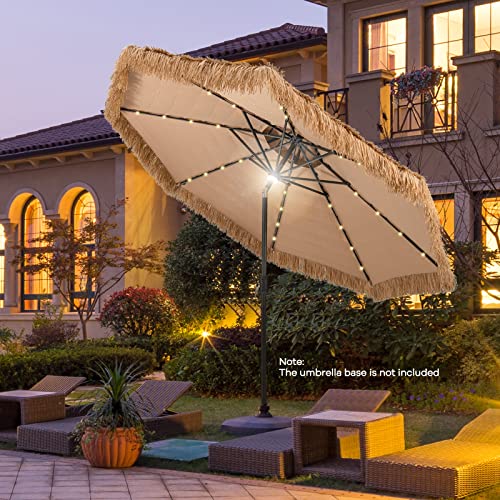 Tangkula 10 ft Thatched Patio Umbrella, 2 Tier Hawaiian Style Grass Beach Umbrella with 32 Led Lights, Center Light, Solar Tiki Umbrella with 8 Ribs, Tilt Adjustment, Manual Crank for Backyard, Poolside, Deck