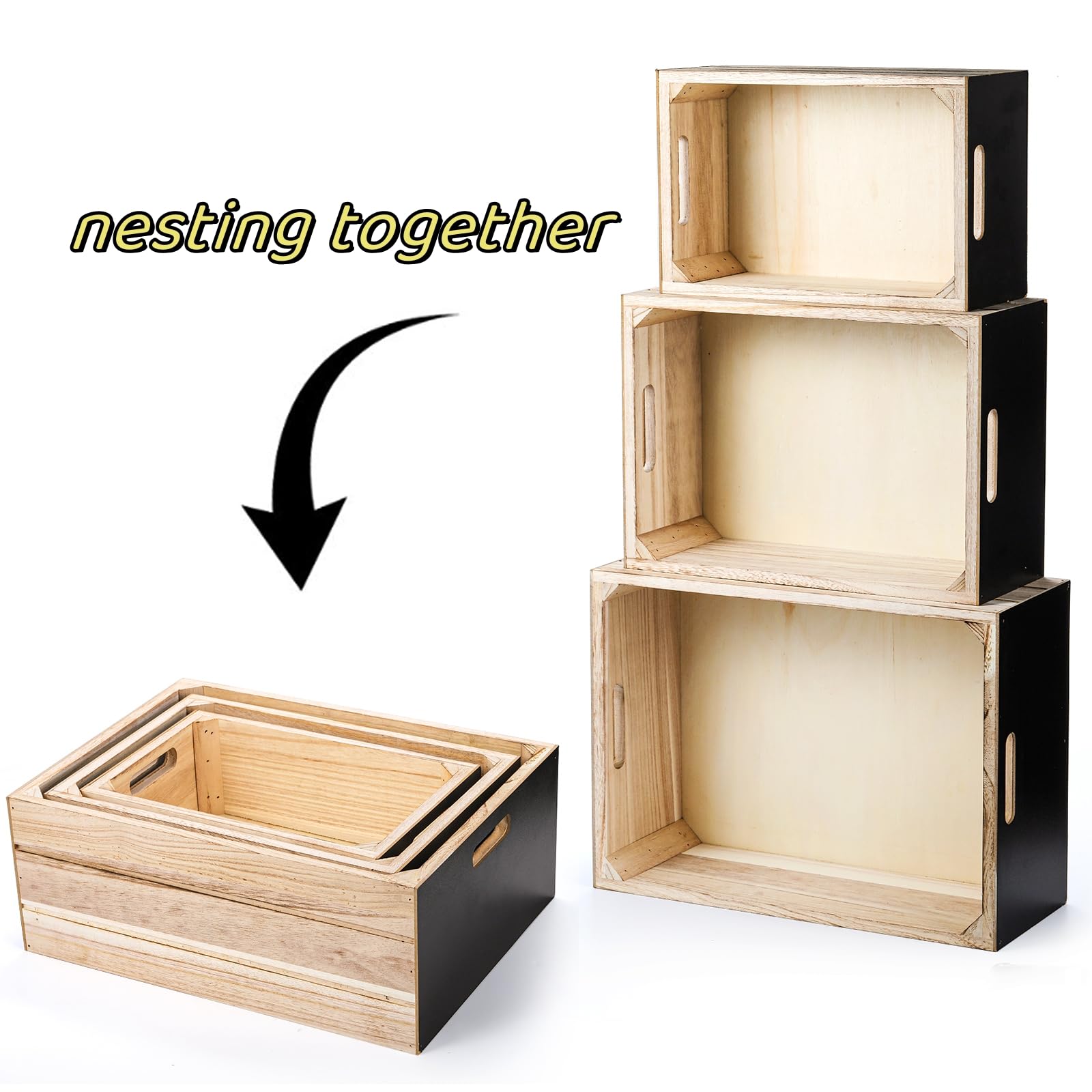 Lyellfe Set of 3 Wood Crates, Rustic Nesting Wooden Crates Unfinished for Display, Milk Organizer Storage Box with Chalkboard Handle, Natural Solid Wood