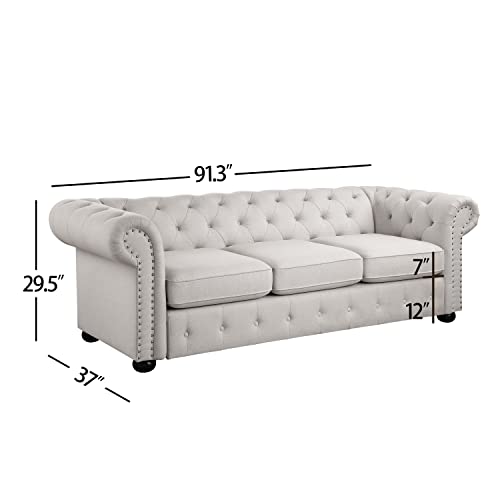 Corvus Aleksis Tufted Chesterfield 3-Seater Sofa with Rolled Arms Dark Grey Wood, Fabric Nailheads, Removable Cushions