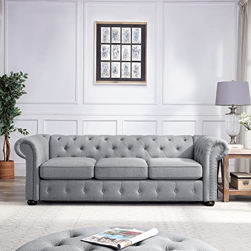 Corvus Aleksis Tufted Chesterfield 3-Seater Sofa with Rolled Arms Dark Grey Wood, Fabric Nailheads, Removable Cushions