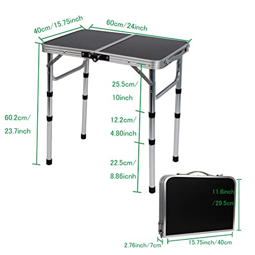 JYEASTZ Folding Table Portable Camping Table with Storage Net, 2ft Aluminum Picnic Table 24" x 16" Adjustable 3-Level Height, Waterproof, Lightweight with Carry Handle for Picnic Beach Outdoor Indoor