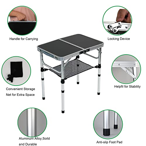 JYEASTZ Folding Table Portable Camping Table with Storage Net, 2ft Aluminum Picnic Table 24" x 16" Adjustable 3-Level Height, Waterproof, Lightweight with Carry Handle for Picnic Beach Outdoor Indoor