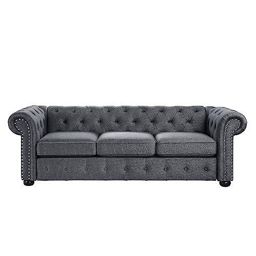 Corvus Aleksis Tufted Chesterfield 3-Seater Sofa with Rolled Arms Dark Grey Wood, Fabric Nailheads, Removable Cushions