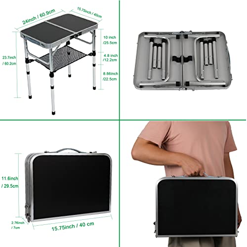 JYEASTZ Folding Table Portable Camping Table with Storage Net, 2ft Aluminum Picnic Table 24" x 16" Adjustable 3-Level Height, Waterproof, Lightweight with Carry Handle for Picnic Beach Outdoor Indoor