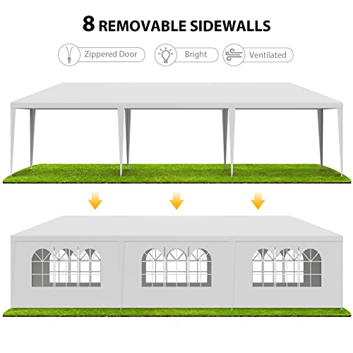 JupiterForce 10 x 30 Outdoor Wedding Party Tent Camping Shelter Gazebo Canopy with Removable Sidewalls Heavy Duty Tent Gazebo Storage BBQ Pavilion Canopy Cater Events, White(10' x 30')