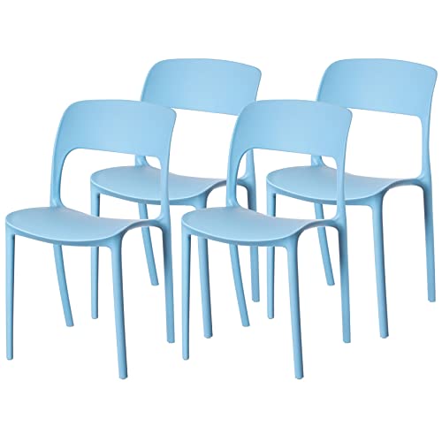 Fabulaxe Modern Plastic Outdoor Dining Chair with Open Curved Back, Blue Set of 4