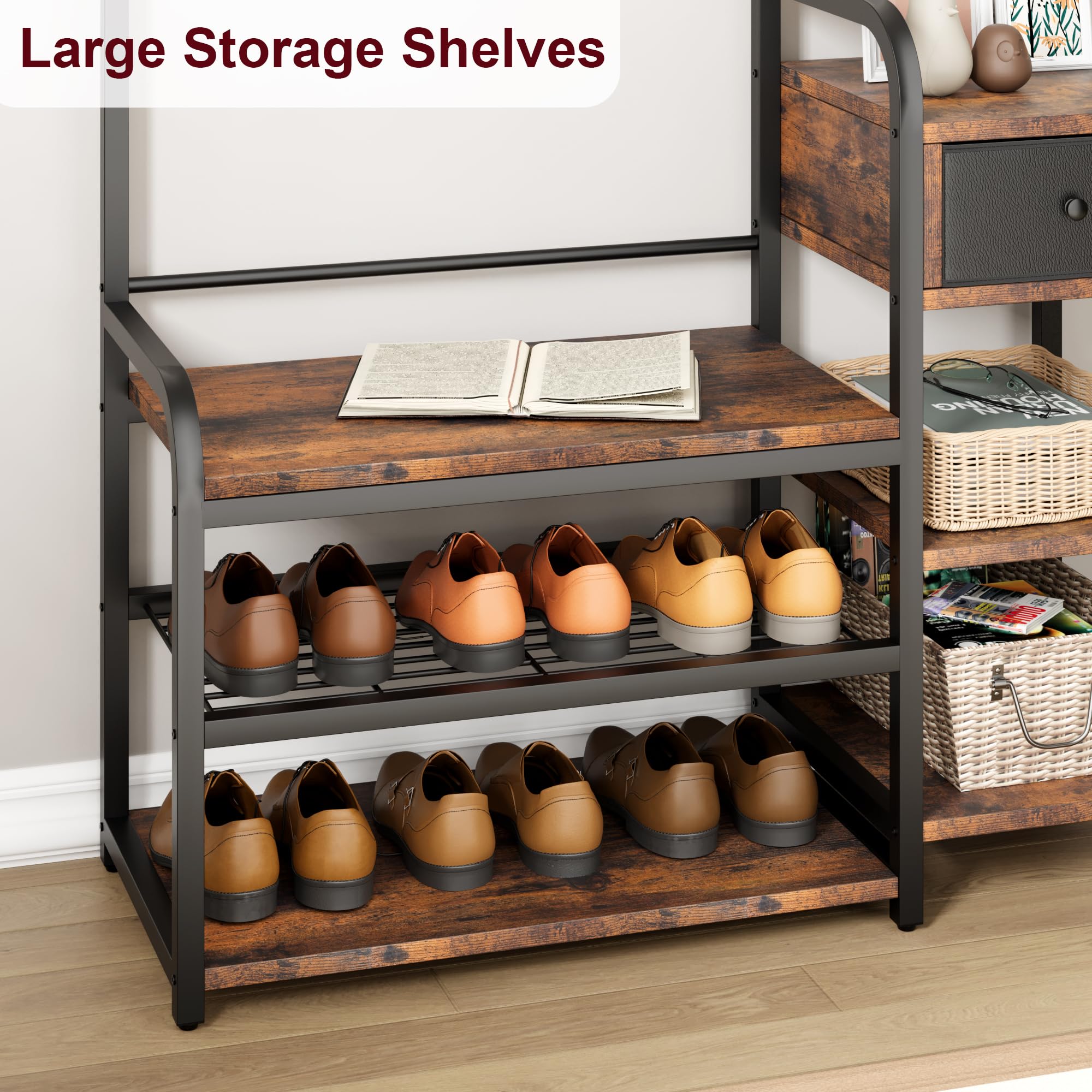 IDEALHOUSE Hall Tree Storage Bench for Entryway, Coat Rack Shoe Bench with Storage Drawer, 5-in-1 Coat Rack Storage Shelf and 8 Hooks, Coat Tree for Small Spaces, Entryway, Bedroom, Rustic Brown
