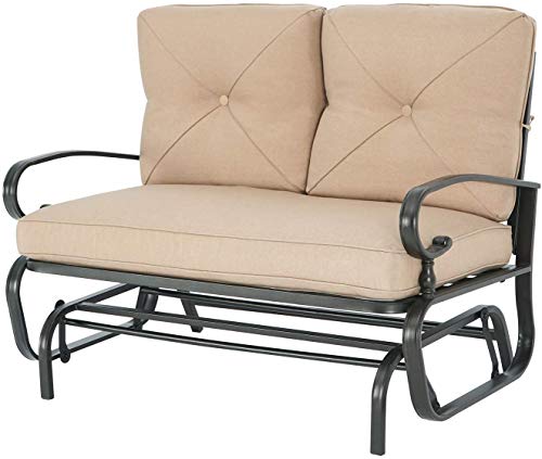 Patiomore Outdoor Loveseat Patio Swing Glider Bench 2 Seats Rocking Chair, Wrought Iron Chair Set with Brown Cushion