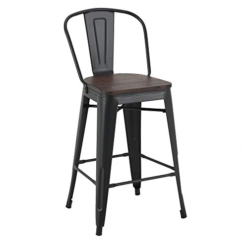 LSSBOUGHT Tolix Style 26 Inches Metal Counter Stools with Wood Seat and Backrest Indoor-Outdoor Use Stackable Bar Stools Set of 2 (Black)