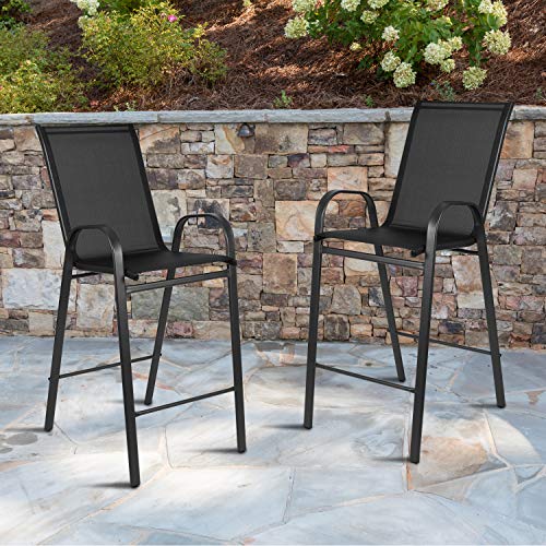 EMMA + OLIVER 2 Pack Brazos Series Black Outdoor Barstool with Flex Comfort Material and Metal Frame