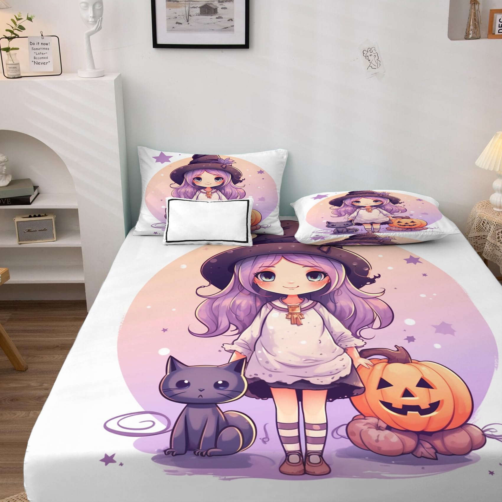 Halloween Sheets Full Size, Witch Pumpkin Bed Sheets, Patterned Bedding Sheets & Pillowcases 4 Piece Set - Soft Microfiber Deep Pocket Fitted Sheet & Flat Sheet & 2 Pillow Cases Z8-&-40