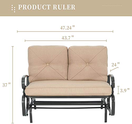 Patiomore Outdoor Loveseat Patio Swing Glider Bench 2 Seats Rocking Chair, Wrought Iron Chair Set with Brown Cushion