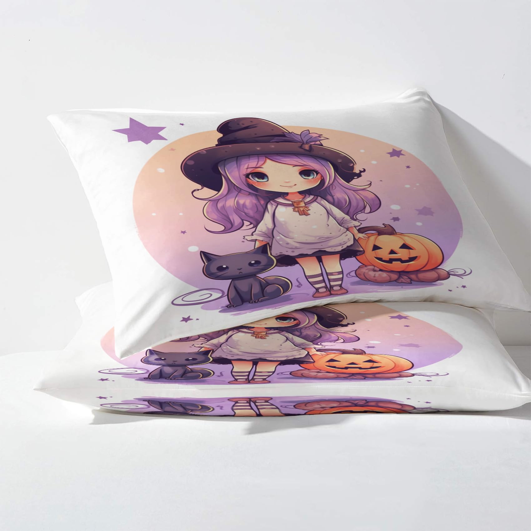 Halloween Sheets Full Size, Witch Pumpkin Bed Sheets, Patterned Bedding Sheets & Pillowcases 4 Piece Set - Soft Microfiber Deep Pocket Fitted Sheet & Flat Sheet & 2 Pillow Cases Z8-&-40