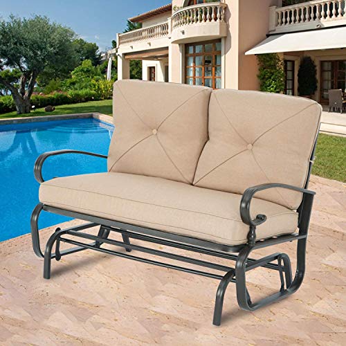 Patiomore Outdoor Loveseat Patio Swing Glider Bench 2 Seats Rocking Chair, Wrought Iron Chair Set with Brown Cushion