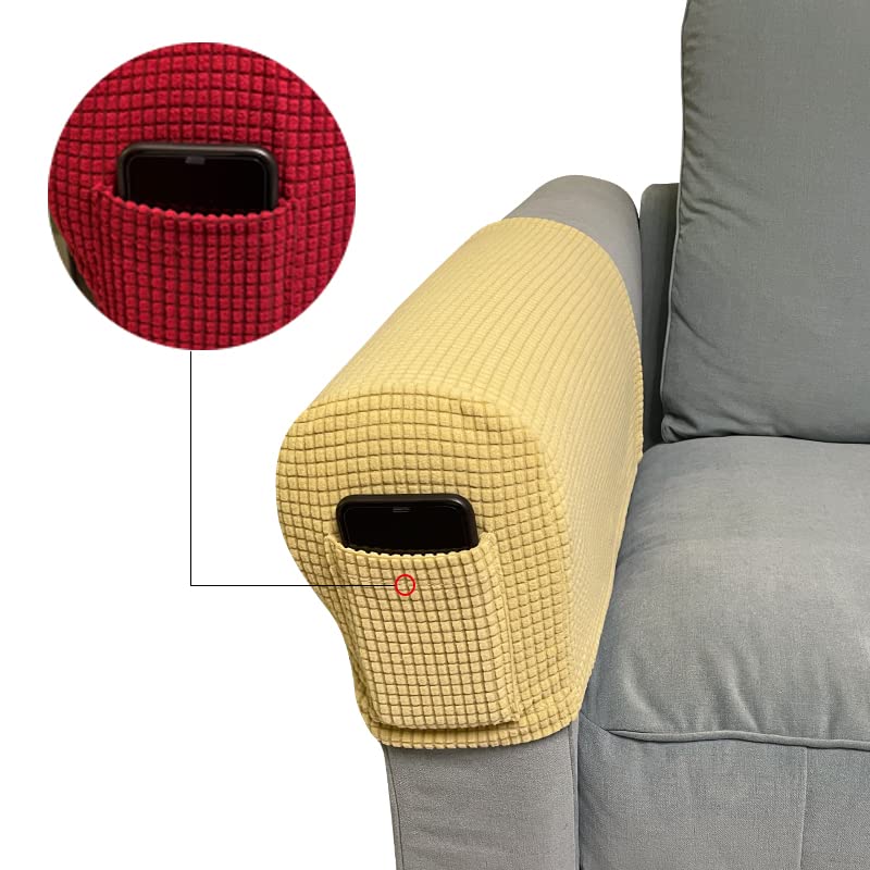 BADASS SHARKS Stretch Armrest Covers Couch Arm Covers Pocket Set for Chairs Couch Sofa Armchair Slipcovers for Recliner Sofa with Twist Pins 2pcs (Beige)
