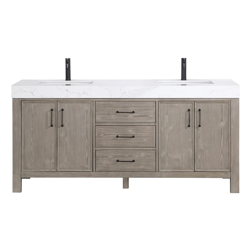 VINNOVA Leon 72" Double Bath Vanity in Fir Wood Grey with Lightning White Composite top