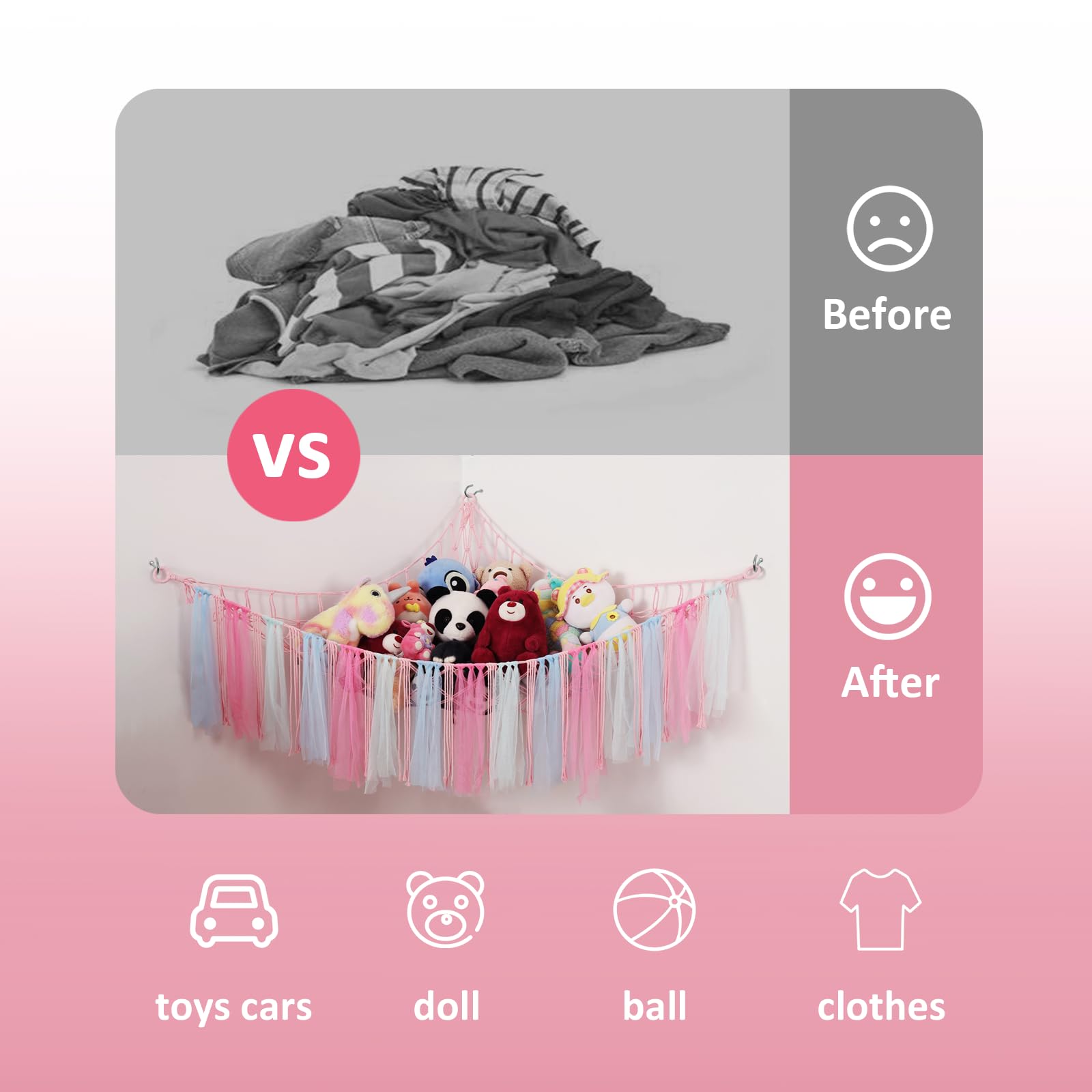 MKO SHUN Stuffed Animal Toys Hammock with LED Light, Stuffed Doll Hanging Corner Holder for Home Storage, Large Hanging Net -Display Teddies for Bedroom, Pink Decor Organizer