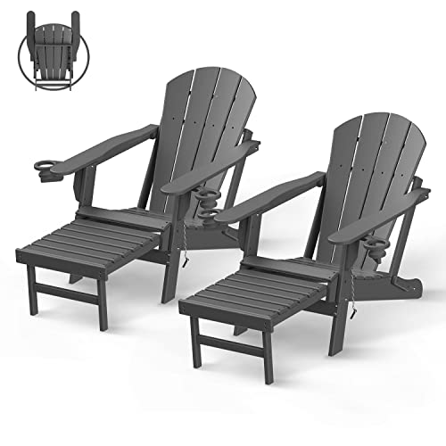 BRIOPAWS Folding Adirondack Chairs with Ottoman Set of 2, Weather Resistant HDPE Patio Chair w/Cup Holders & Retractable Footrest for Poolside Lawn Fire Pit Deck Outdoor Porch Campfire, Grey, 2 Pack