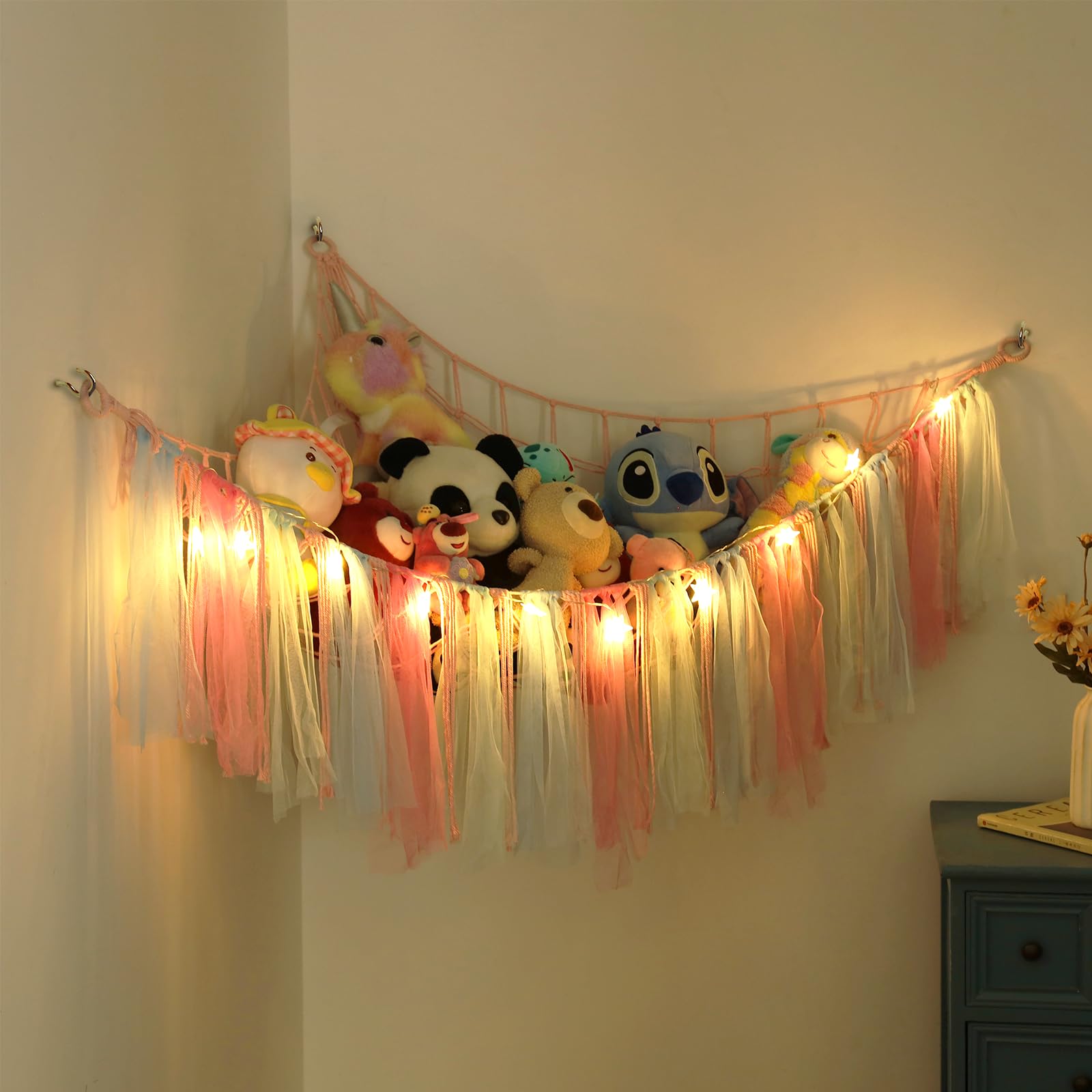 MKO SHUN Stuffed Animal Toys Hammock with LED Light, Stuffed Doll Hanging Corner Holder for Home Storage, Large Hanging Net -Display Teddies for Bedroom, Pink Decor Organizer