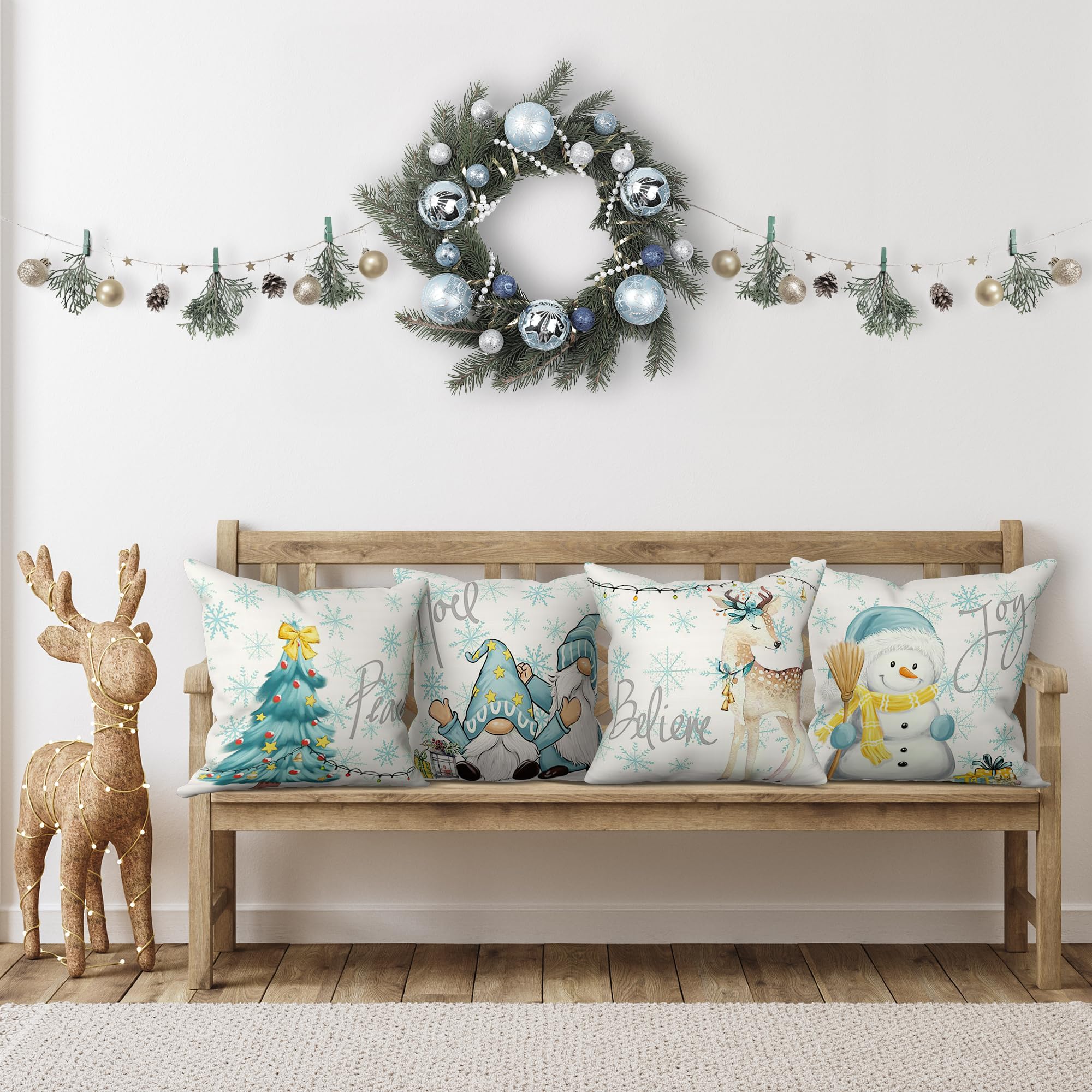 LITIVY Christmas Pillow Covers 18x18 Set of 4 for Xmas Decorative Pillowcase Winter Holiday Throw Cushion Case for Sofa Couch Home Farmhouse Decor (Christmas Tree Snowman Gnome Deer) (18"x18", Blue)